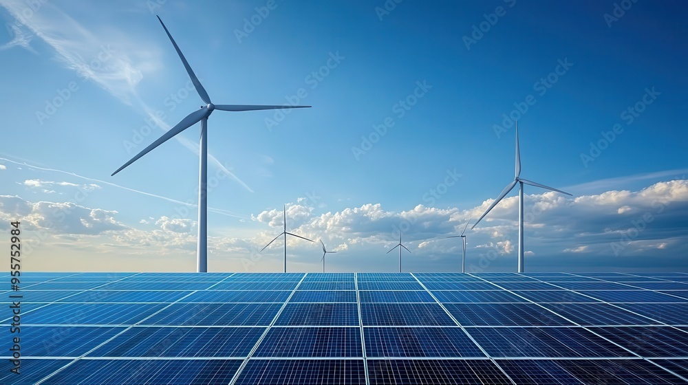 Wind turbines and solar panels creating a global network of renewable ...
