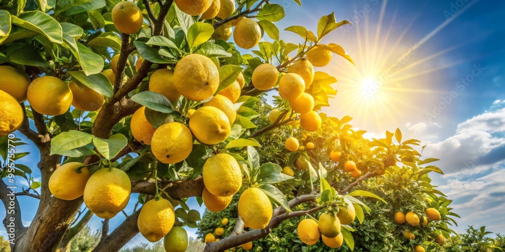 From a low angle, a bitter lemon tree towers above, its branches heavy ...