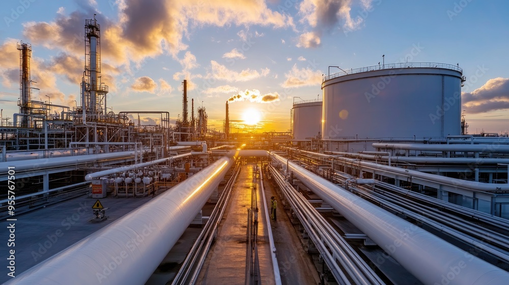 Massive oil storage tanks with safety warning signs and pipelines ...