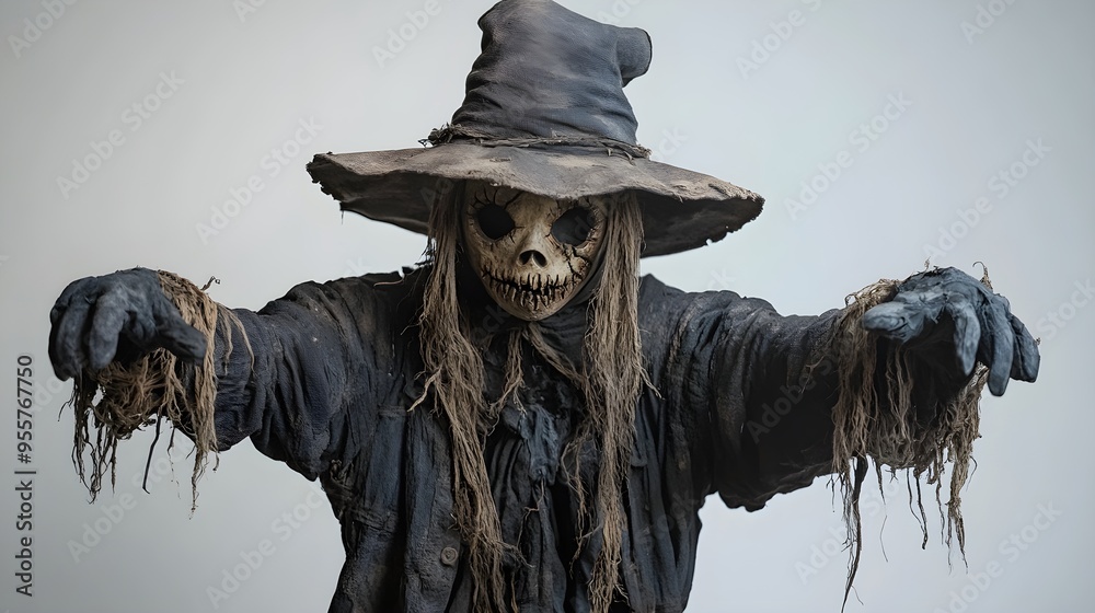 Gothic scarecrow with a worn-out costume, wearing Halloween masks ...