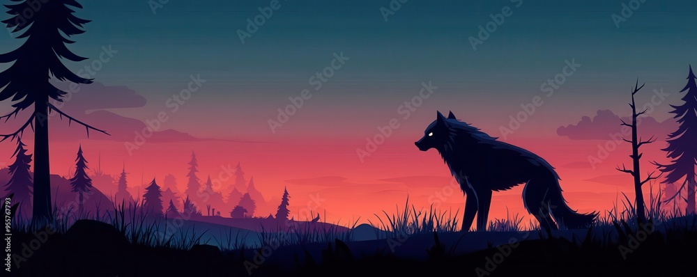 Sinister werewolf silhouette in the twilight, flat design, side view ...