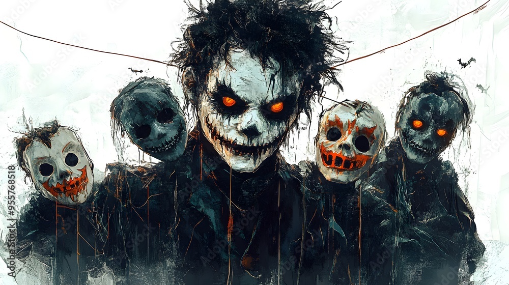 Haunted puppet master with sinister strings, manipulating puppets ...