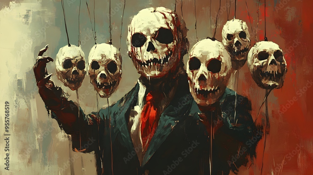 Haunted puppet master with sinister strings, manipulating puppets ...