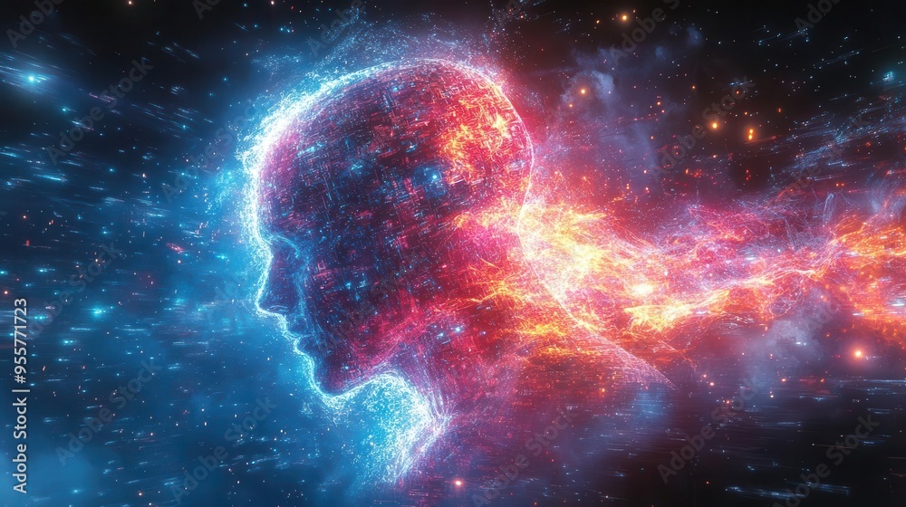 cybernetic human form dissolving into a cloud of nanobots transitioning ...