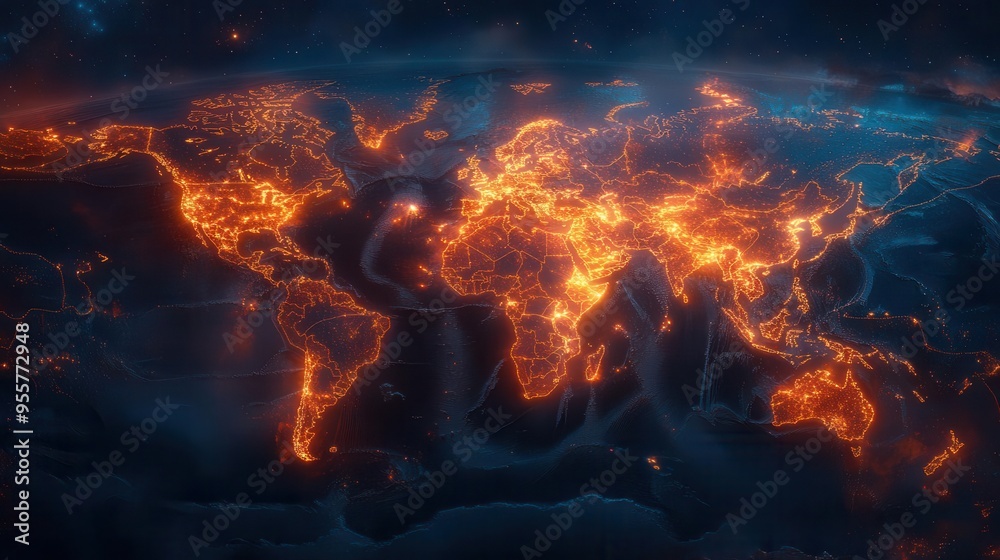 detailed global shipping network map with illuminated trade routes ...
