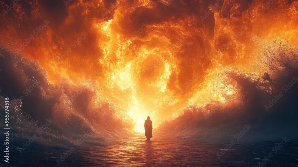 dramatic illustration of moses parting the red sea towering walls of ...