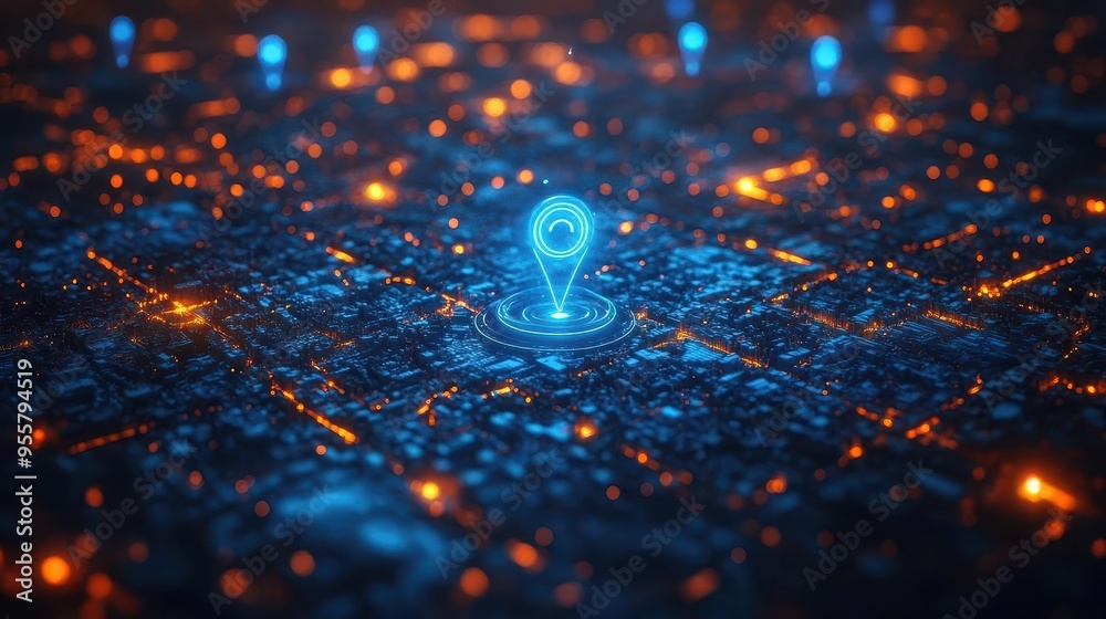 futuristic 3d city map glowing blue location pins dynamic connecting ...