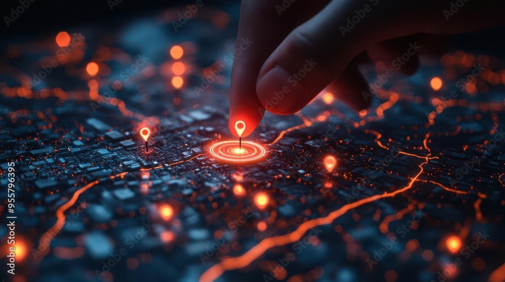 futuristic digital hand placing pins on holographic map innovative gps ... futuristic digital hand placing pins on holographic map innovative gps ...