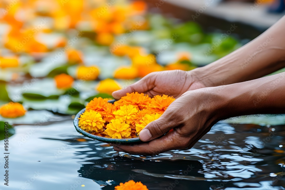 Indian woman dressed in Hindu traditional clothes washing marigold ...