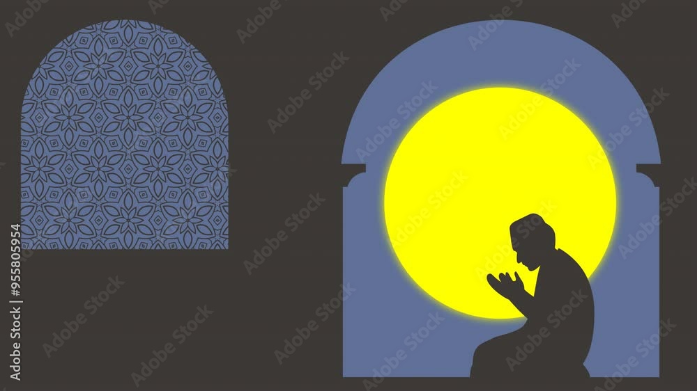 animated silhouette of a Muslim man praying at night. full moon ...