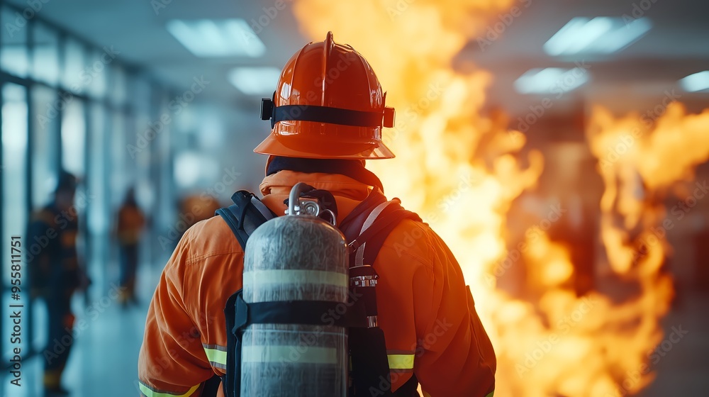 A health and safety officer conducting a fire drill in an office ...