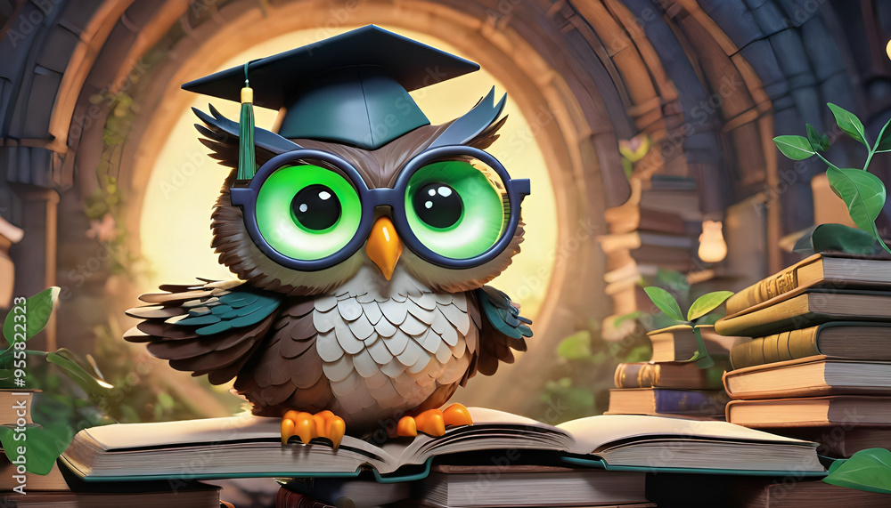 An owl with piercing green eyes and round glasses on a pile of old ...