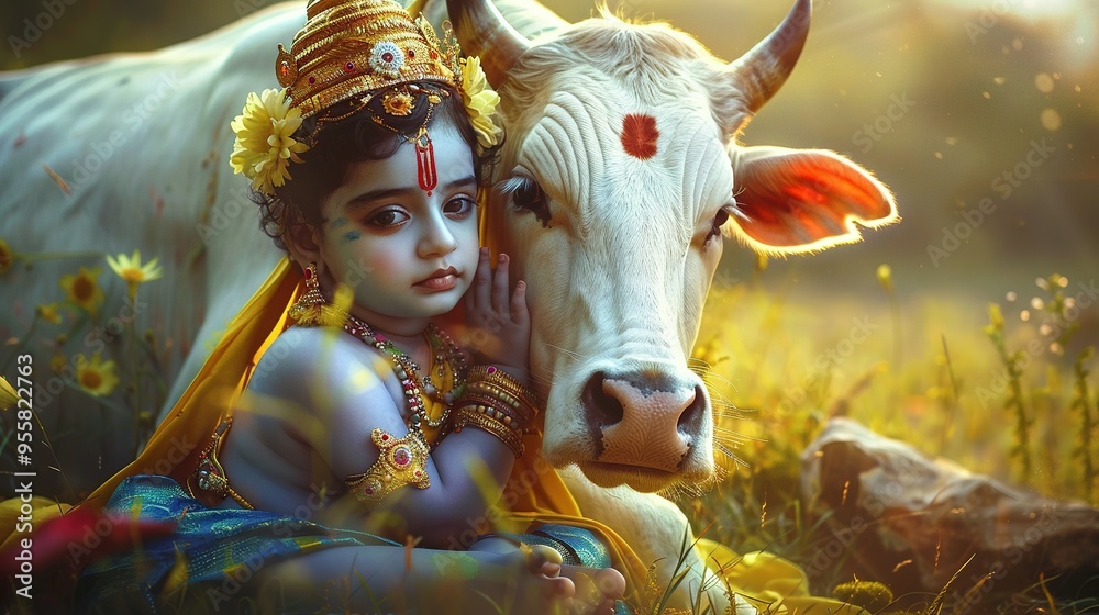 Cute Little Baby Krishna with Sacred Cow and Calf: Hindu God Lord ...