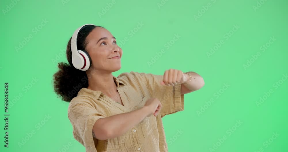 Face, green screen and girl with headphones, live streaming and energy ...