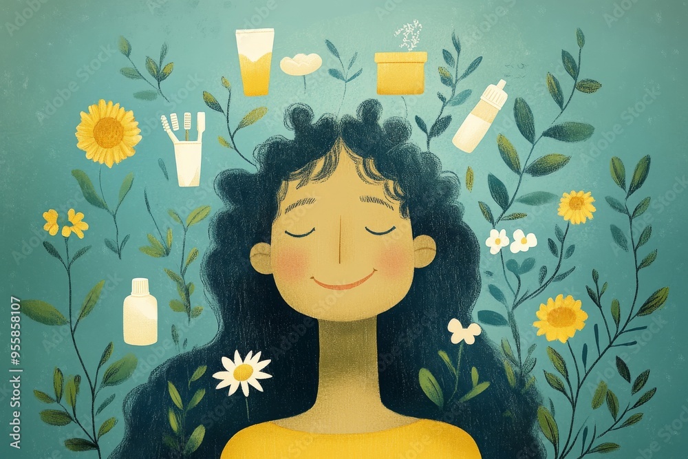 Simple illustration of self-care routine, circular layout with icons ...