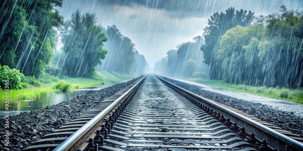 Rainy day on railroad tracks , railway, wet, train, weather ...