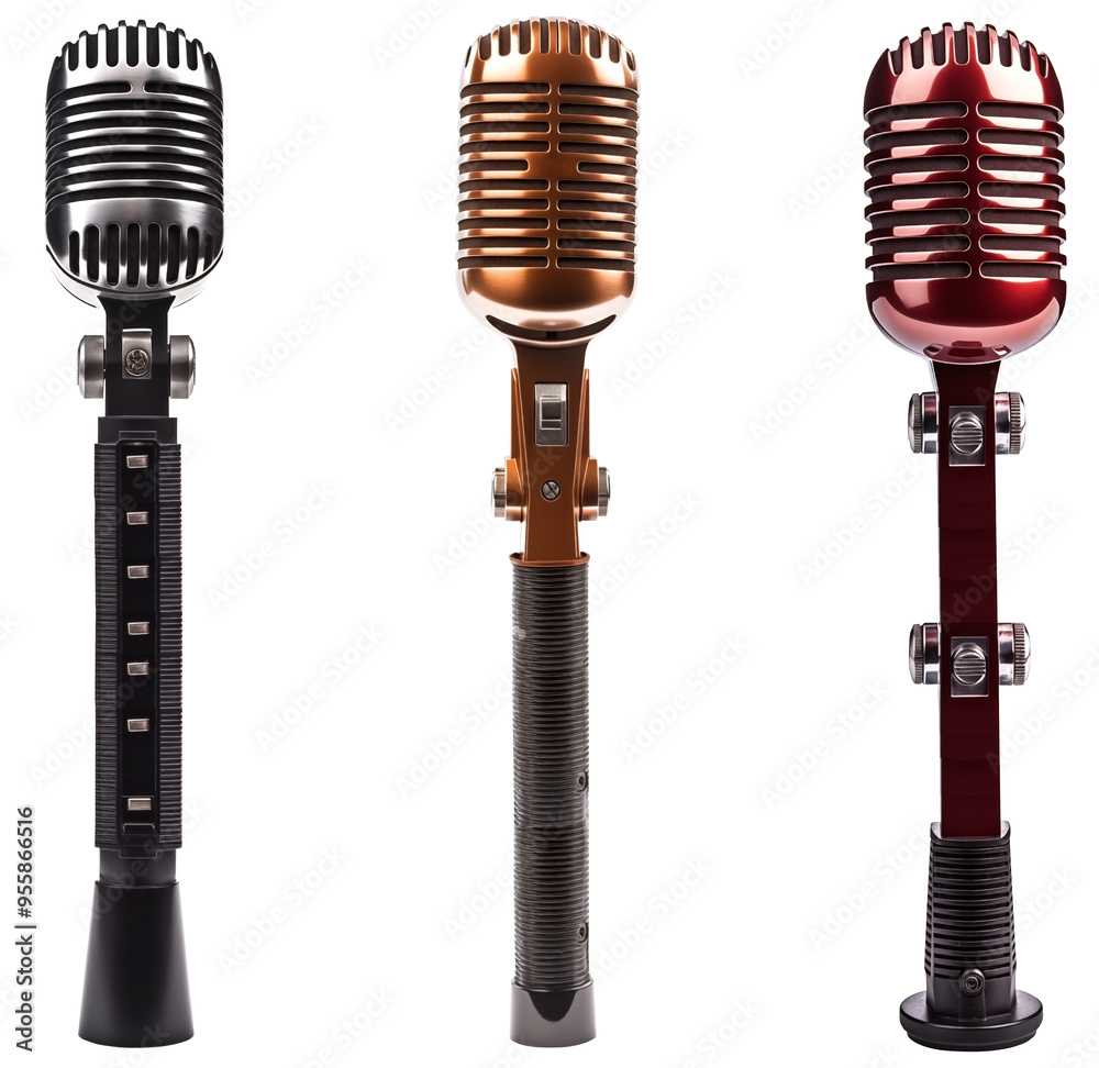 Front View To a Set Of Vintage microphones PNG isolated on white and ...