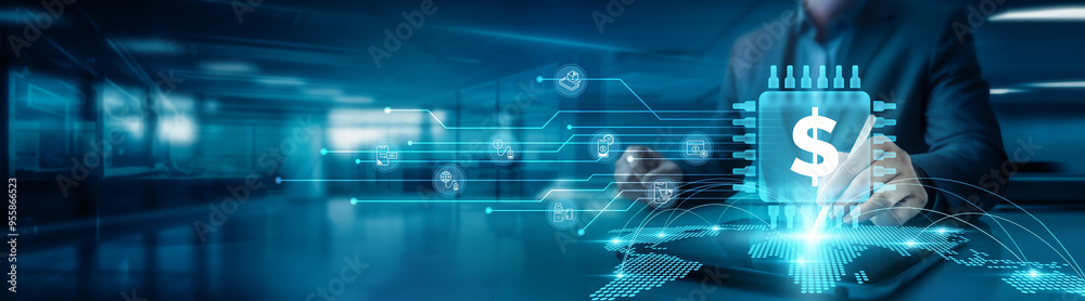Fintech. Businessman drawing global structure networking diagram on ...