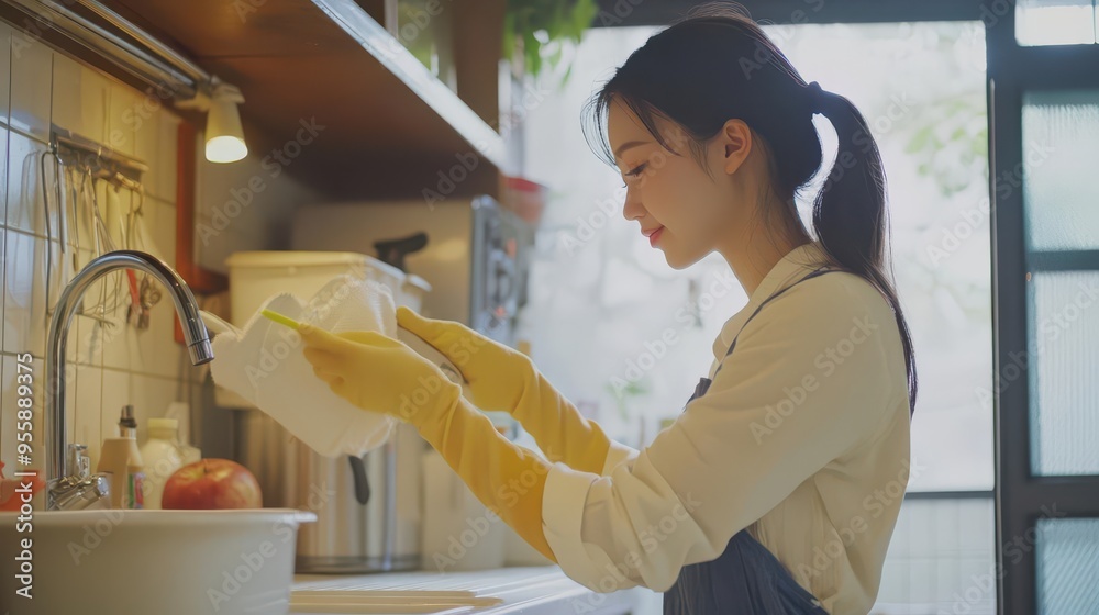 asian woman cleaning kitchen cabinets focus on hygiene and household ...