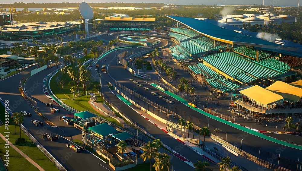 Formula 1 Race Cars Speeding Around a Track with Palm Trees and ...