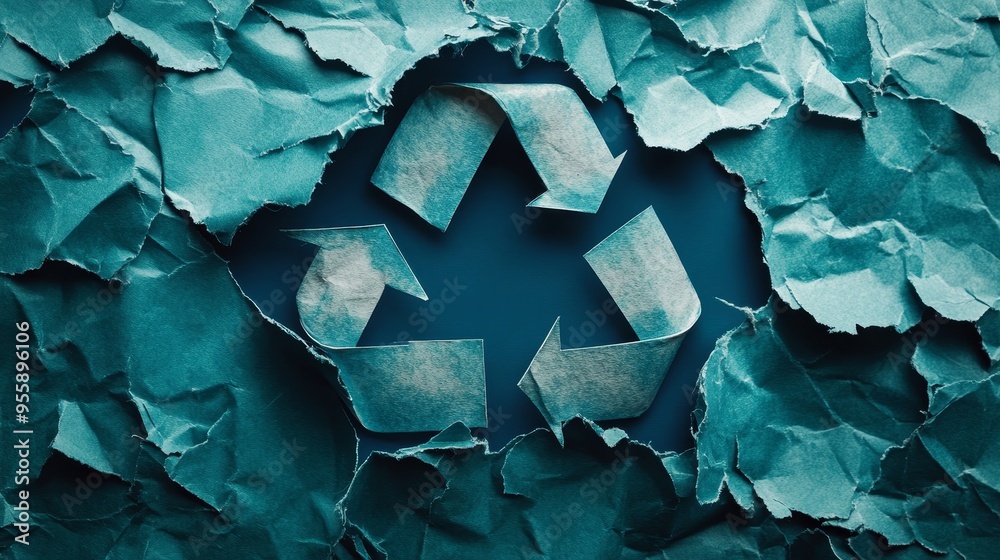 A torn piece of blue paper reveals a recycling symbol, highlighting the ...