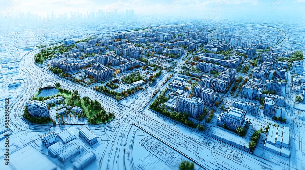 Urban city planning blueprint road layouts building placements and ...