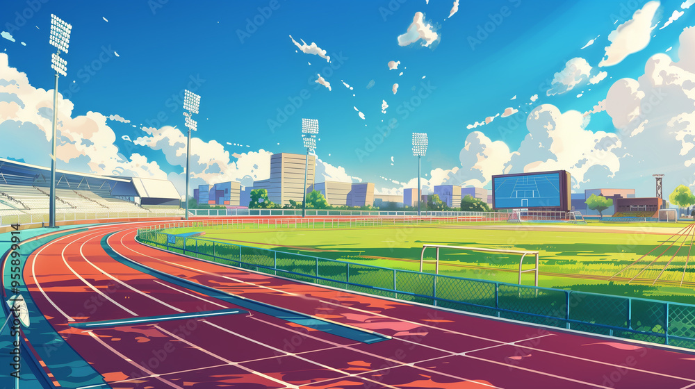 Animated track and field stadium with running track and clear blue ...