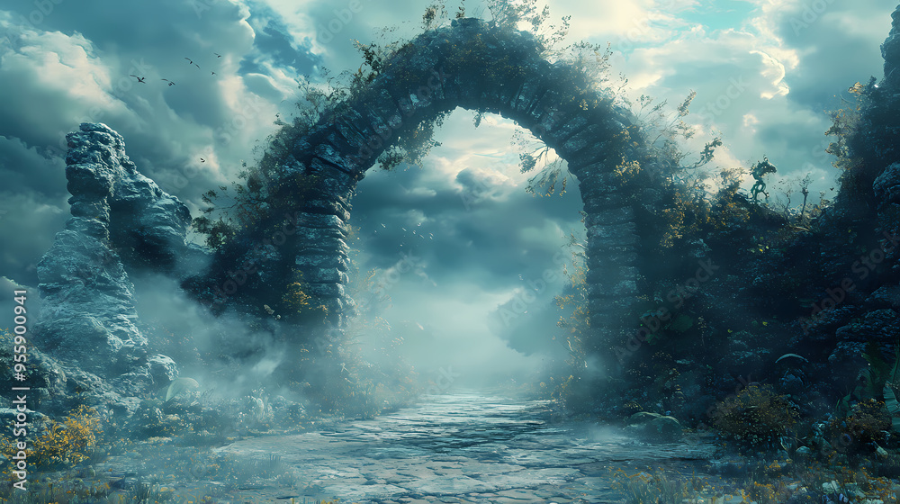 Spectacular fantasy scene with a portal archway covered in creepers. in ...