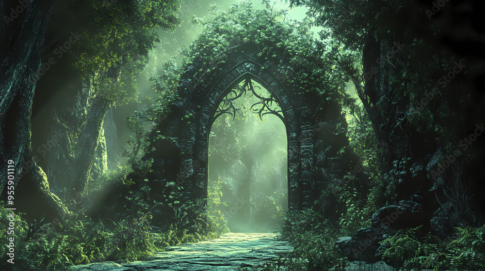 Spectacular fantasy scene with a portal archway covered in creepers. in ...