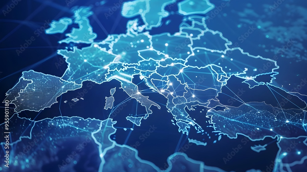 Digital Map of Europe with Glowing Network Connections and Data Points ...