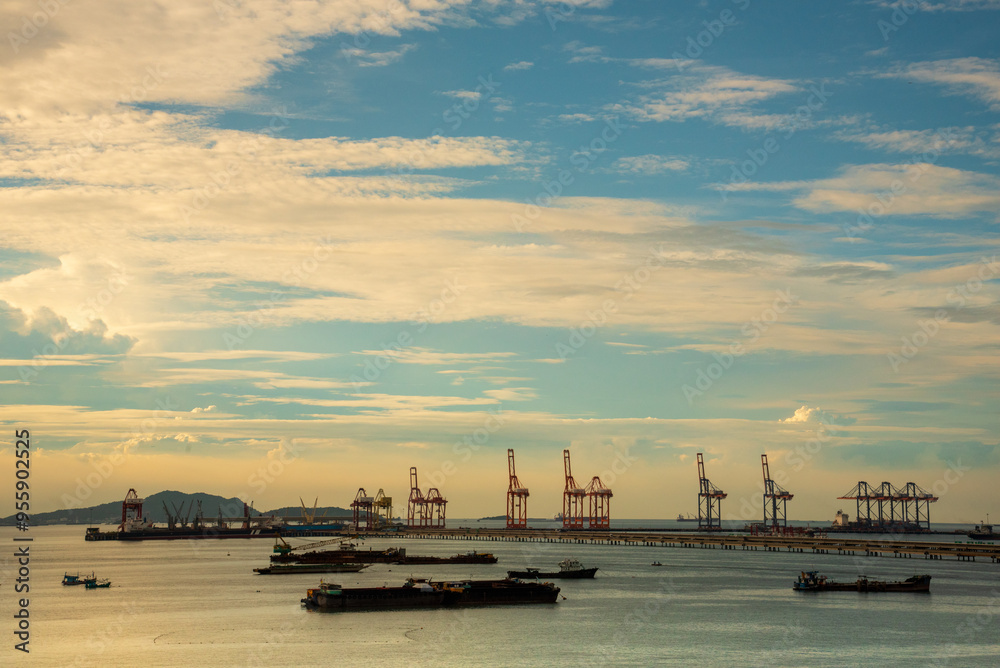 Logistic shipping quay boat in twilight sky night Engineering crane ...