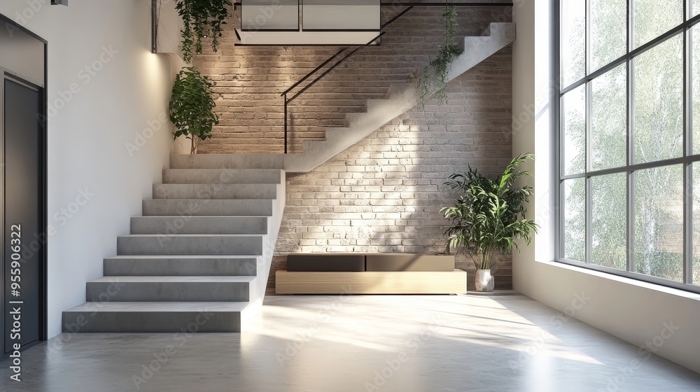This modern loft entrance hall features a contemporary design with ...