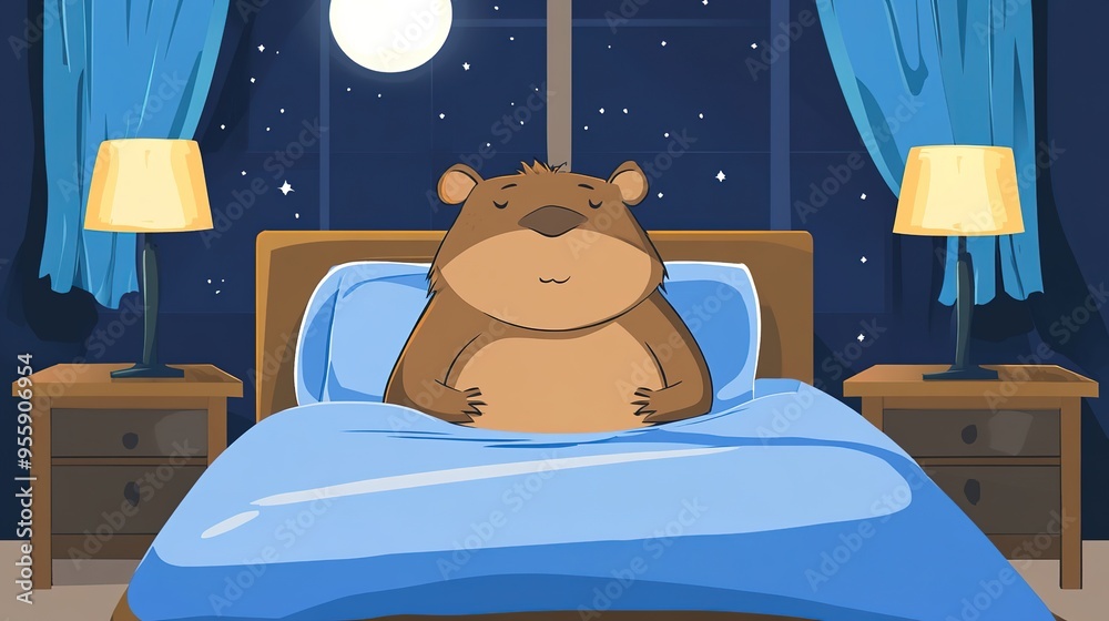 Cute Capybara Going to Sleep in Bed at Night, Illustrated in Cartoon ...