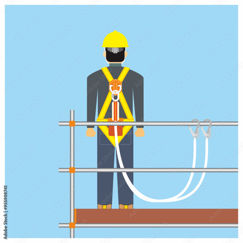 Vector illustration of worker stand on the scaffolding and the safety ...