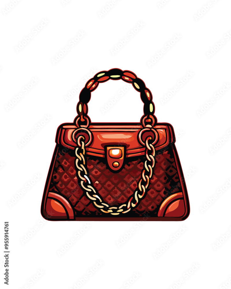 Editable stroke vector illustration of a red designer handbag with a ...