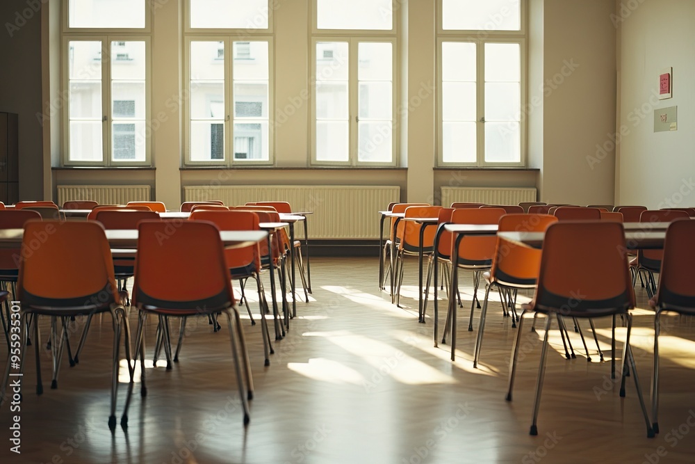 Empty classroom with chairs and tables in a school hall , ai Stock ...