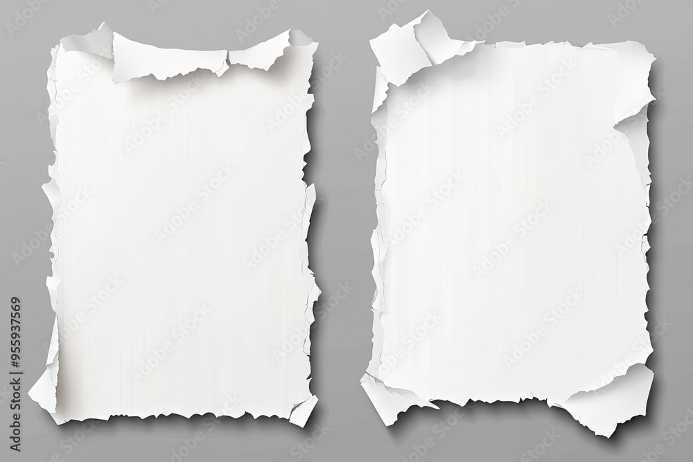 torn blank pages with uneven texture edges. set of ripped white paper ...