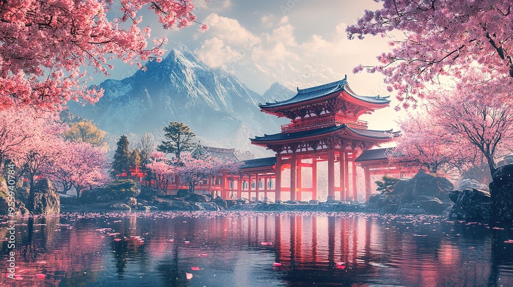 Sakura and Japanese Temple Scene: A Detailed Illustration Featuring a ...
