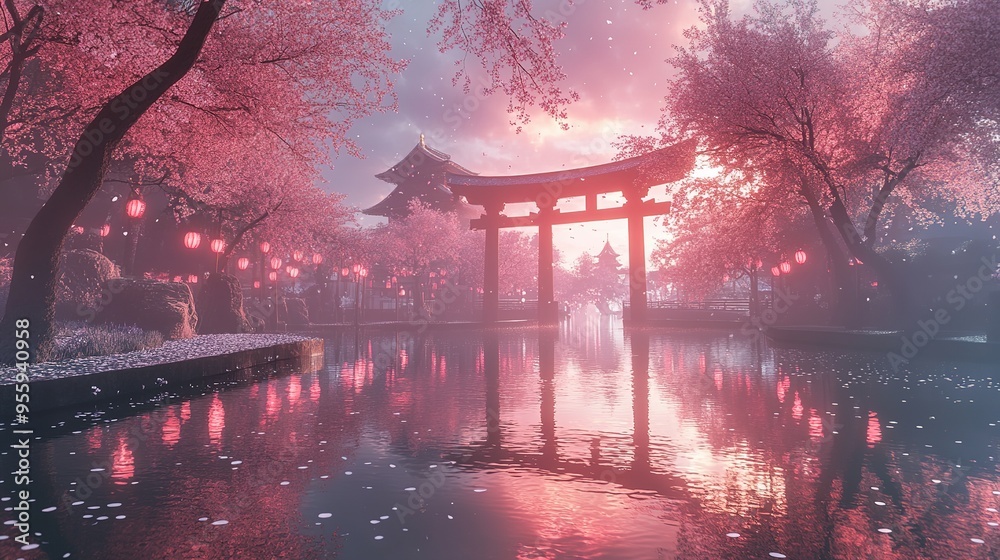 Sakura and Japanese Temple Scene: A Detailed Illustration Featuring a ...