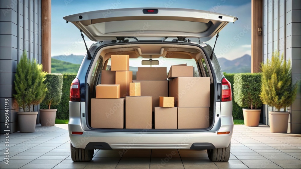 Overloaded car packed with moving boxes for relocation, overloaded ...