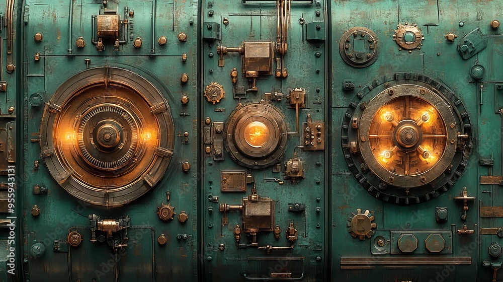 Steampunk-inspired mechanical device featuring large copper boards ...