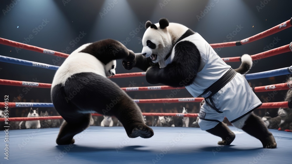 Panda in a boxing ring close-up fight with fighting pose Stock ...