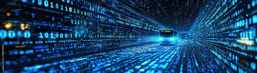 Futuristic digital school bus with binary code overlay, showcasing advanced student ...