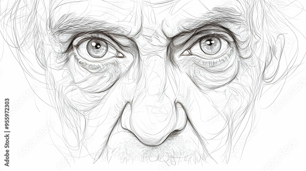 Line Art Portrait of an Old Man s Face with Wrinkles and Eyes Stock ...