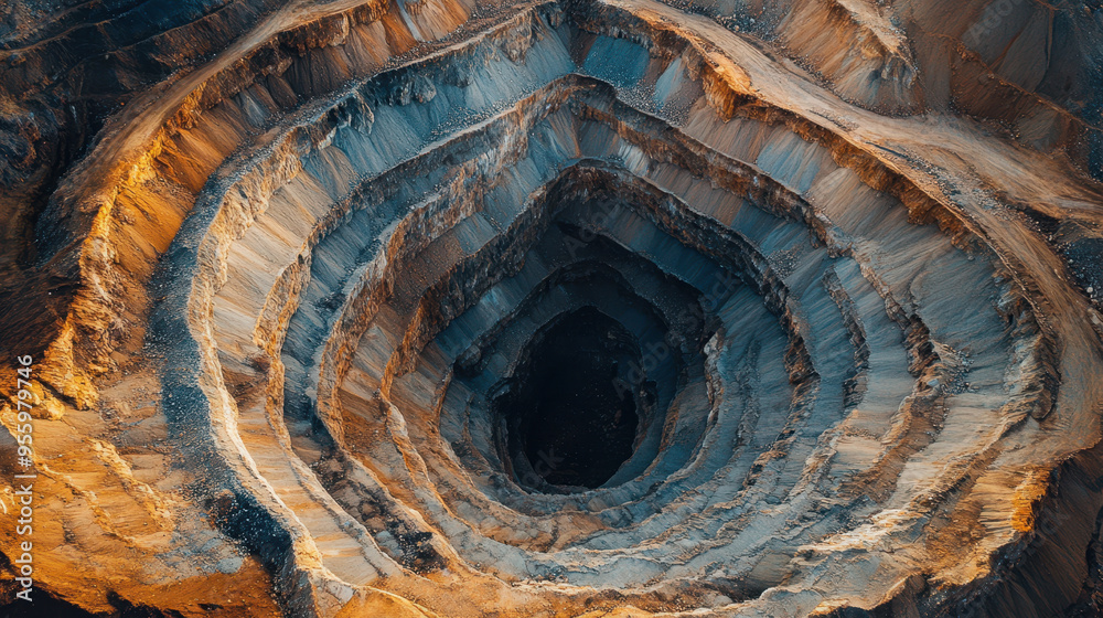 Aerial view of massive pit mine showcasing intricate layers and ...
