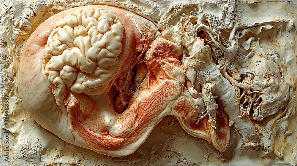 A human stomach shown in isolation, with detailed textures of the ...