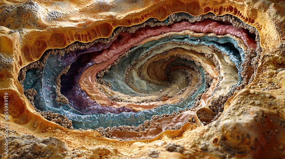 A highly detailed image of a human stomach, shown in cross-section ...