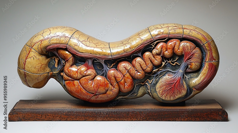 The human stomach depicted with a scientific accuracy, showing cross ...