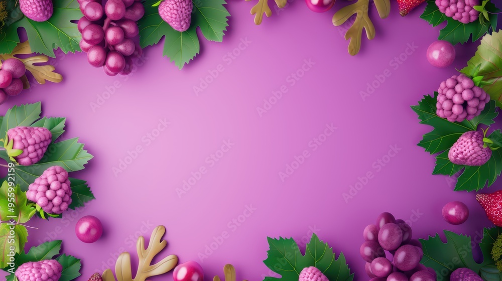 Vibrant Purple Background with Fresh Grapes, Berries, and Leaves for ...