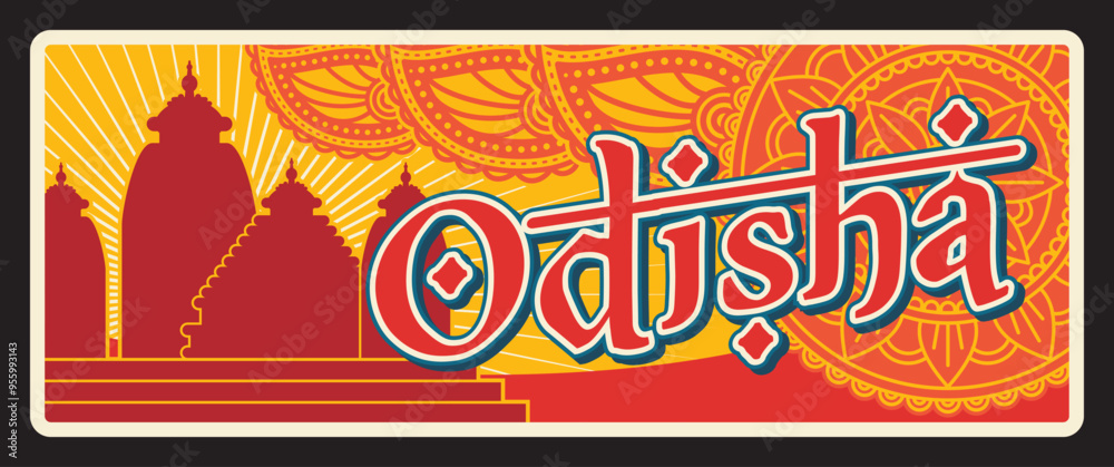 Odisha Indian state, India retro travel plate vintage banner. Vector ...
